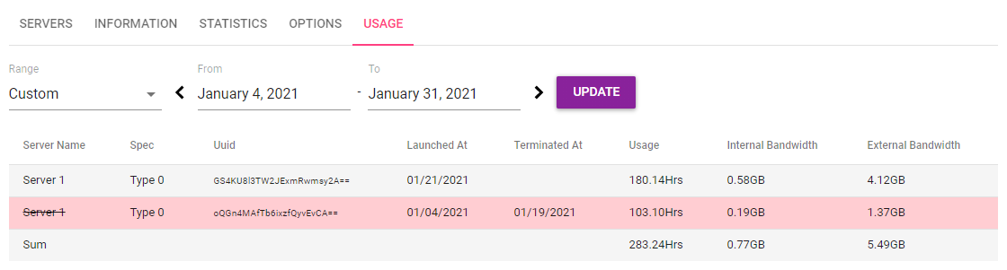 Usage Page — Strix Cloud User's Guide